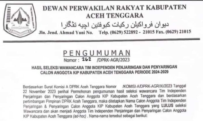 DPRK Aceh Tenggara Umumkan Lima Nama Anggota Pansel KIP Periode 2024-2029 - Nukilan